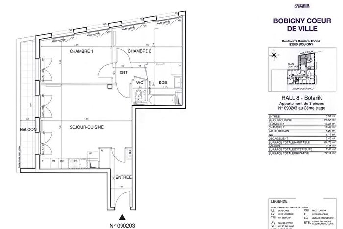 Appartement à louer - Bobigny, Centre-ville - 3 pièces - 2 chambres