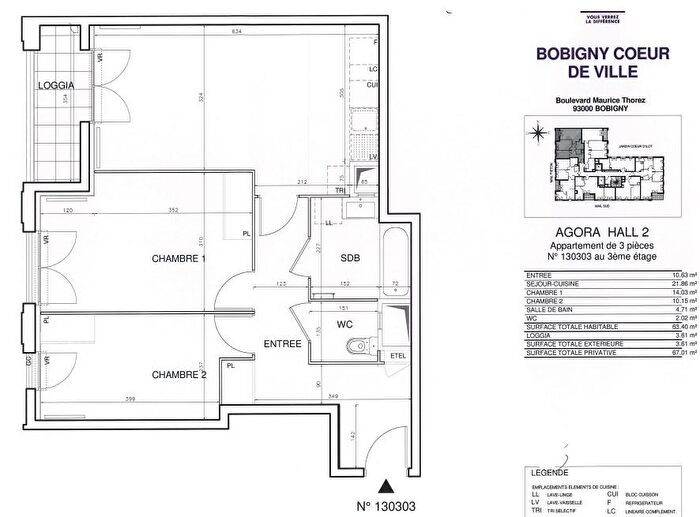Appartement à louer - Bobigny, Centre-ville - 3 pièces - 2 chambres