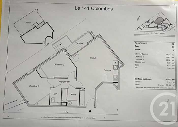 Appartement à louer - Colombes, Agent Sarre - 3 pièces - 2 chambres
