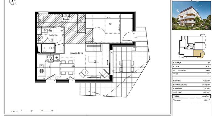 Appartement à vendre - Ville-la-Grand - 2 pièces - 1 chambre