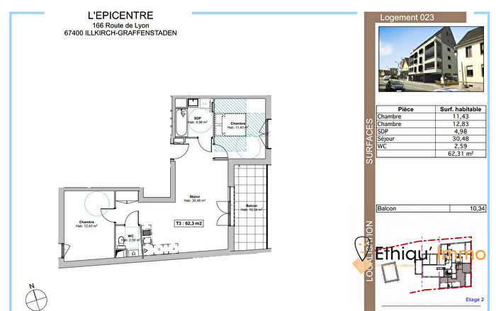 Appartement à vendre - Illkirch-Graffenstaden, Centre Ouest - 3 pièces - 2 chambres