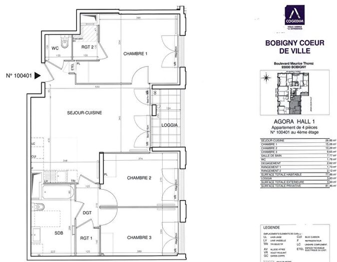 Appartement à louer - Bobigny, Centre-ville - 4 pièces - 3 chambres