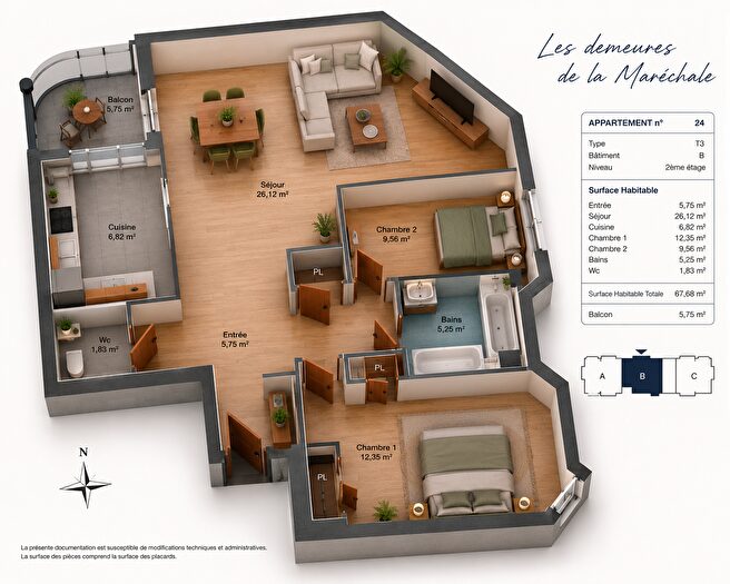 Appartement 3 pièces à Le Plessis-Trévise, François Mansard, à vendre