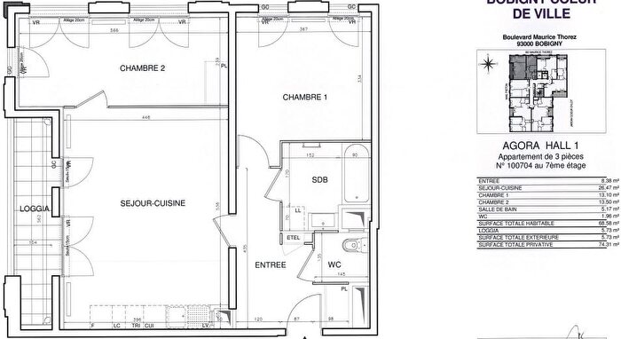Appartement à louer - Bobigny, Centre-ville - 3 pièces - 2 chambres