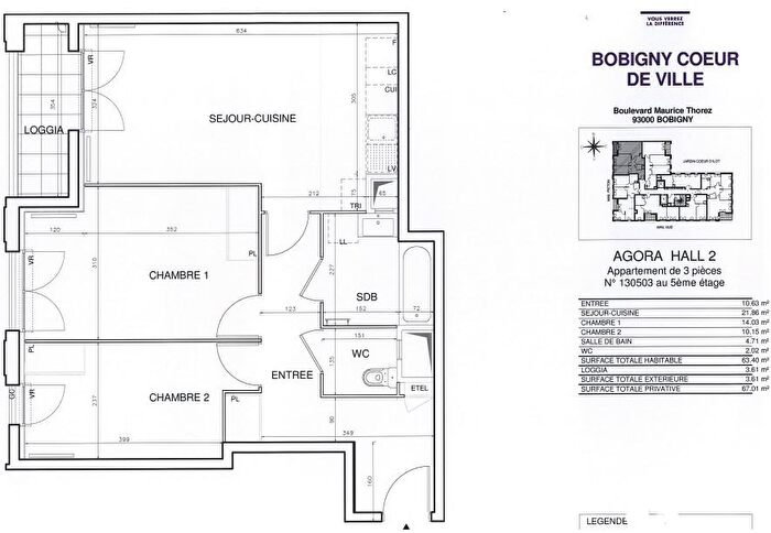 Appartement à louer - Bobigny, Centre-ville - 3 pièces - 1 chambre