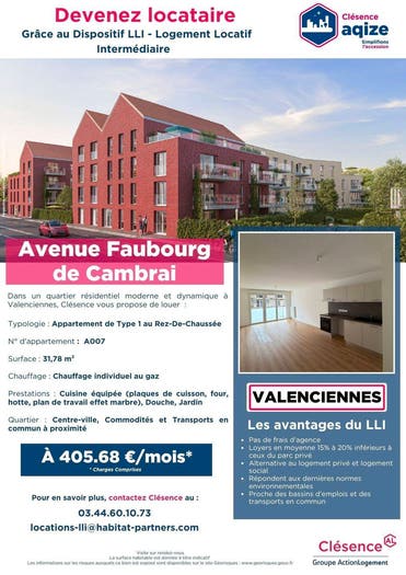 Appartement 1 pièce à Nungesser-La Briquette-Faubourg de Cambrai, Valenciennes, à louer
