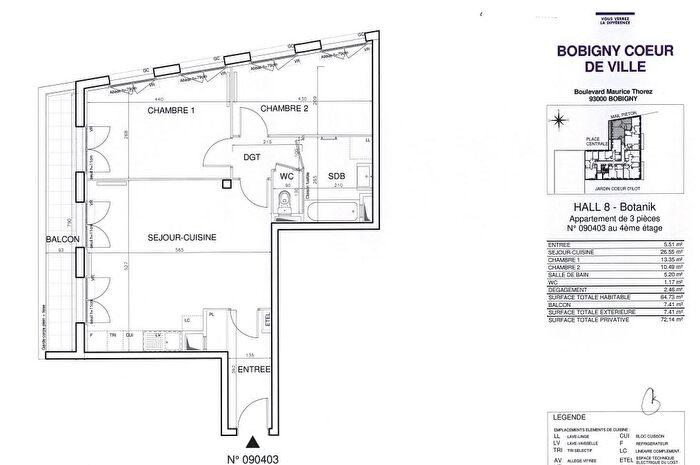 Appartement à louer - Bobigny, Centre-ville - 3 pièces - 2 chambres