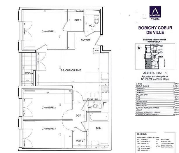 Appartement à louer - Bobigny, Centre-ville - 4 pièces - 3 chambres