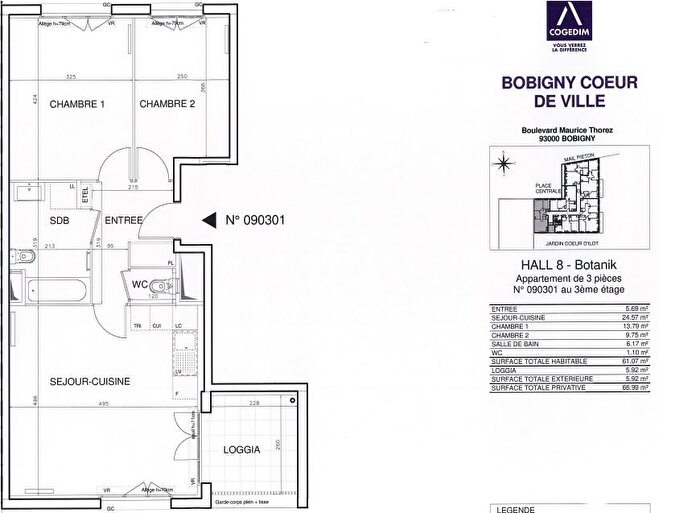 Appartement à louer - Bobigny, Centre-ville - 3 pièces - 2 chambres