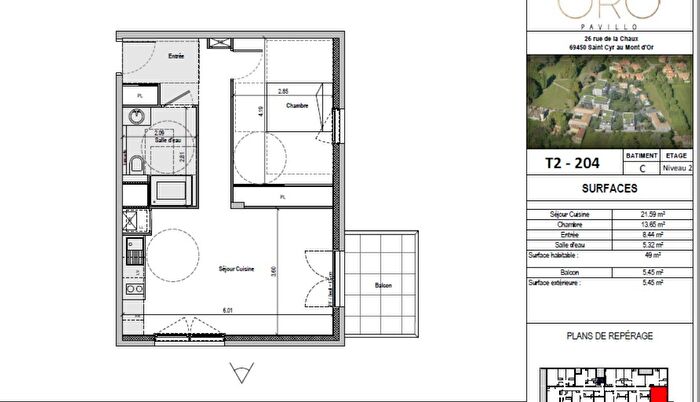 Appartement à louer - Saint-Cyr-au-Mont-dOr - 2 pièces - 1 chambre