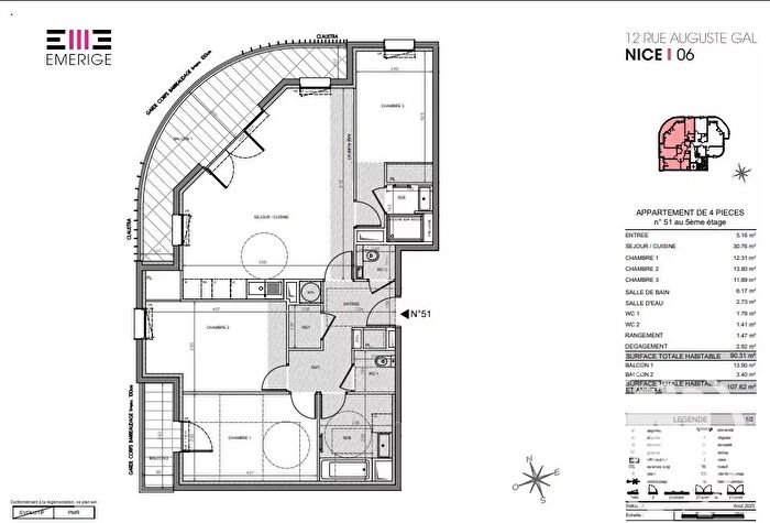 Appartement à vendre - Nice, Riquier - 4 pièces - 3 chambres