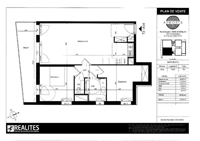 Appartement à louer - Saint-Herblain, Bourg - 3 pièces - 2 chambres
