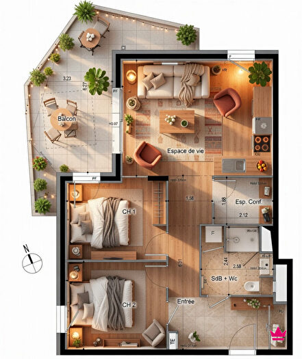 Appartement à vendre - Ville-la-Grand - 3 pièces - 2 chambres