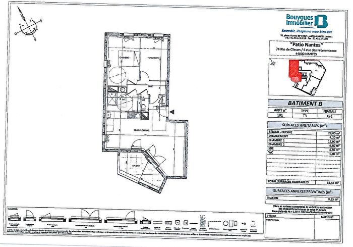 Appartement à louer - Nantes, Saint-Donatien, Tortière - 3 pièces - 2 chambres