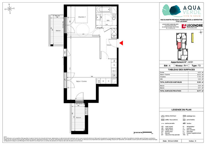 Appartement à vendre - Lieusaint - 2 pièces - 1 chambre
