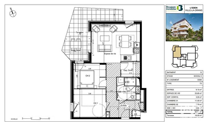 Appartement à vendre - Ville-la-Grand - 3 pièces - 2 chambres