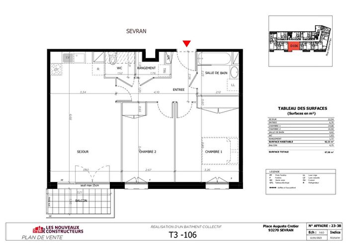 Appartement à louer - Sevran, Centre-ville, Perrin - 3 pièces - 2 chambres