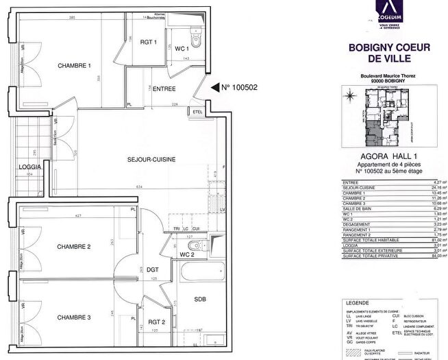 Appartement à louer - Bobigny, Centre-ville - 4 pièces - 3 chambres