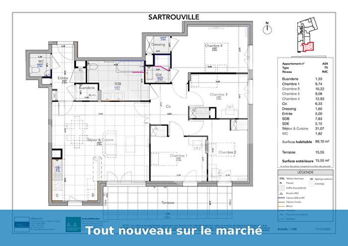 Appartement à louer - Sartrouville, Parc dactivités des Sureaux - 5 pièces - 4 chambres
