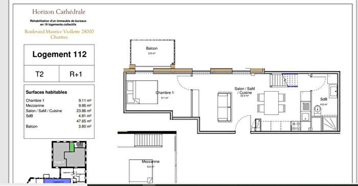 Appartement à louer - Chartres, Rechèvres - 2 pièces - 1 chambre