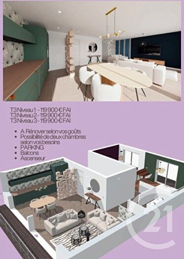 Appartement à vendre - Brive-la-Gaillarde, Chapélies, Garenne Verte, Lacan, Migoule - 3 pièces - 2 chambres