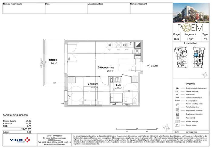 Appartement à louer - Bègles, Terres Neuves - 2 pièces - 1 chambre