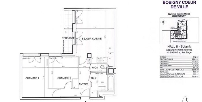 Appartement à louer - Bobigny, Centre-ville - 3 pièces - 2 chambres