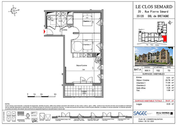 Appartement à vendre - Dol-de-Bretagne - 3 pièces - 2 chambres