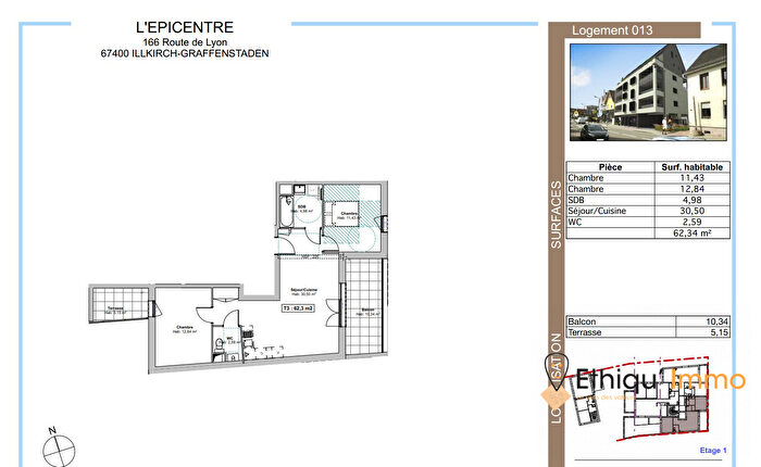 Appartement à vendre - Illkirch-Graffenstaden, Centre Ouest - 3 pièces - 2 chambres
