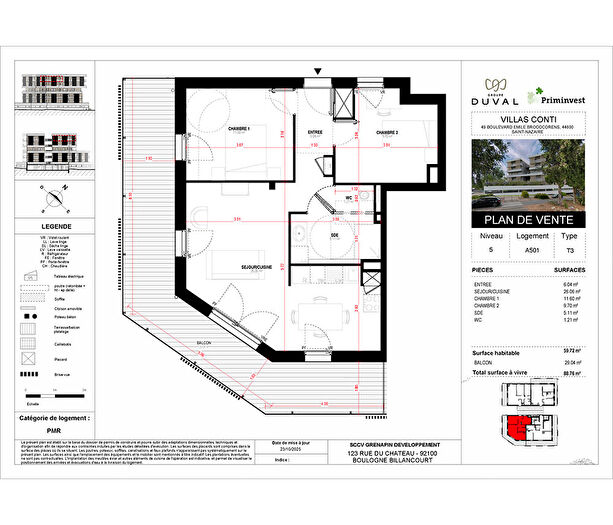 Appartement à vendre - Saint-Nazaire, Ouest - 3 pièces - 2 chambres