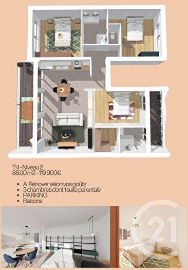 Appartement à vendre - Brive-la-Gaillarde, Chapélies, Garenne Verte, Lacan, Migoule - 4 pièces - 3 chambres