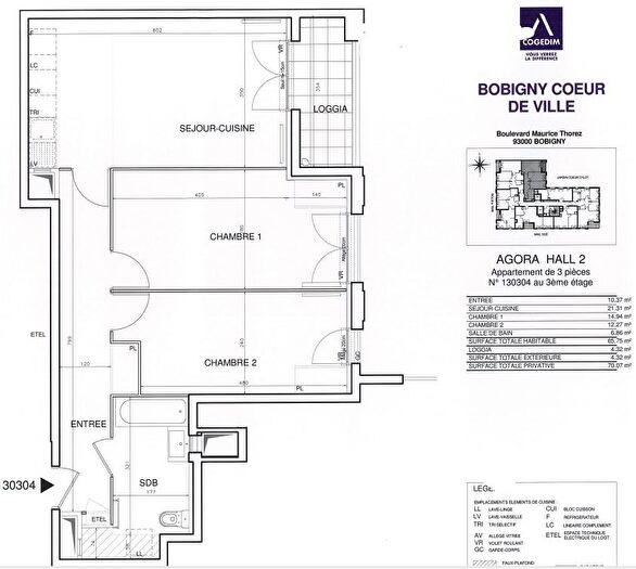 Appartement à louer - Bobigny, Centre-ville - 3 pièces - 2 chambres