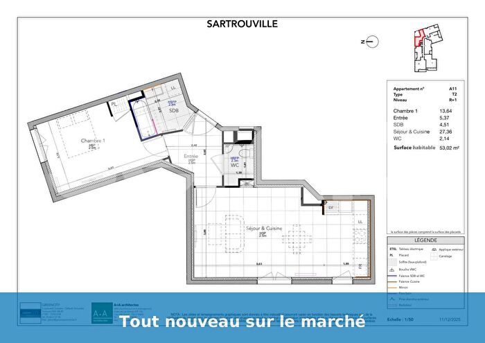 Appartement à louer - Sartrouville, Parc dactivités des Sureaux - 2 pièces - 1 chambre