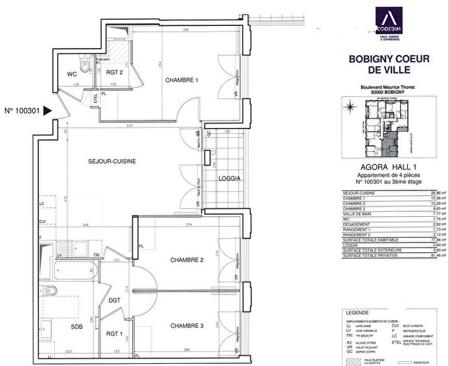 Appartement à louer - Bobigny, Centre-ville - 4 pièces - 3 chambres