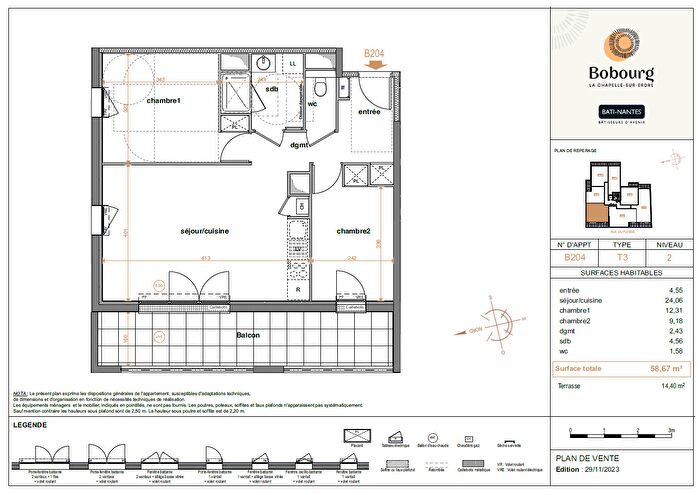 Appartement à vendre - La Chapelle-sur-Erdre, Perrières, Coutancière - 3 pièces - 2 chambres
