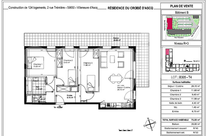 Villeneuve-d'Ascq, Résidence Triolo : Appartement 4 pièces à louer