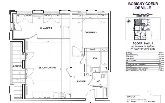 Appartement à louer - Bobigny, Centre-ville - 3 pièces - 2 chambres