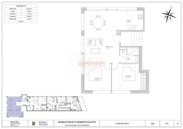 Appartement à vendre - Dunkerque - 3 pièces - 2 chambres