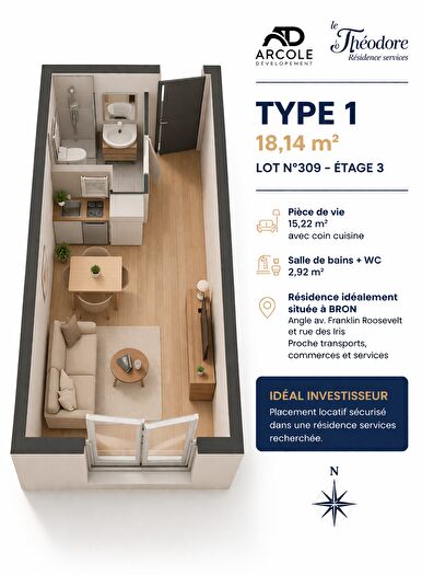 Appartement à vendre - Bron, Les Essarts - 1 pièce