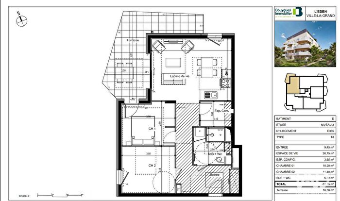 Appartement à vendre - Ville-la-Grand - 3 pièces - 2 chambres