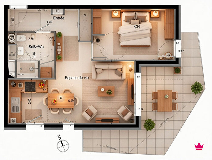 Appartement à vendre - Ville-la-Grand - 2 pièces - 1 chambre