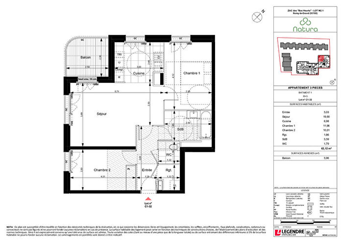 Appartement à vendre - Noisy-le-Grand, Centre-ville - 3 pièces - 2 chambres