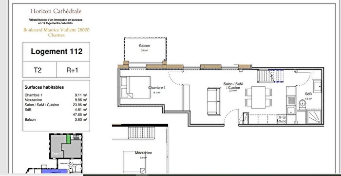 Appartement à louer - Chartres, Rechèvres - 2 pièces - 1 chambre