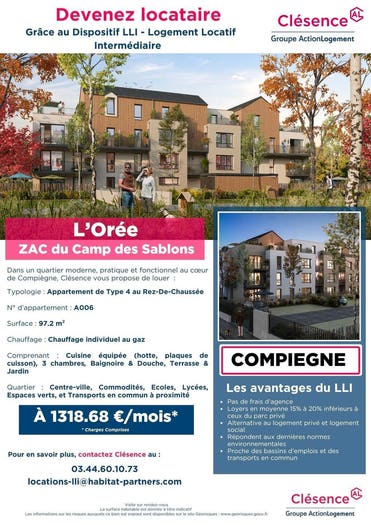 Sablons, Compiègne - Appartement 4 pièces à louer