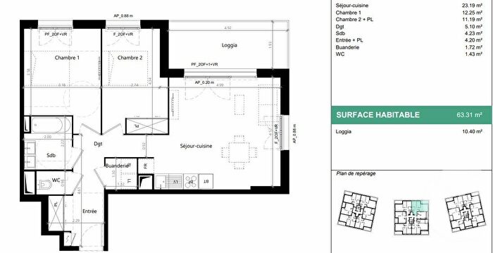 Appartement à vendre - Villenave-dOrnon, Chambéry, La Monnaie, Carbonnieux, Trigan - 3 pièces - 2 chambres