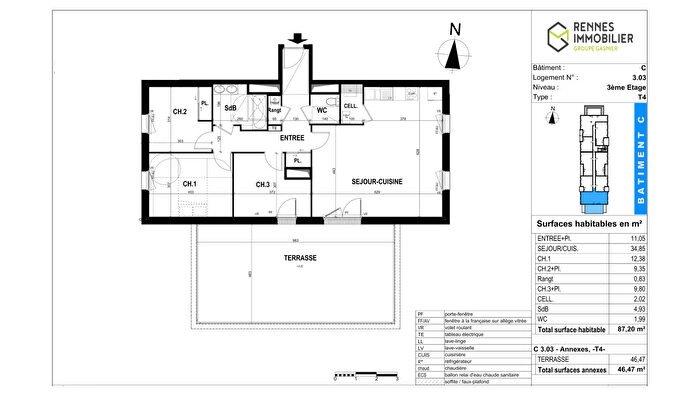 Appartement à vendre - Châteaugiron - 4 pièces - 3 chambres