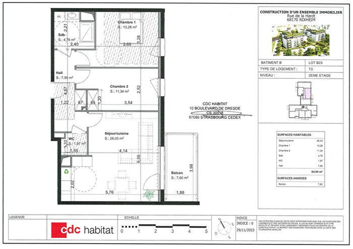 Appartement à louer - Rixheim, Ile Napoléon - 3 pièces