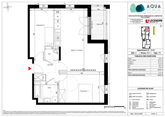 Appartement à vendre - Lieusaint - 3 pièces - 2 chambres