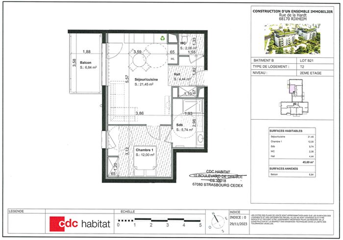 Appartement à louer - Rixheim, Ile Napoléon - 2 pièces - 1 chambre