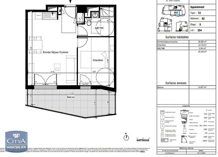 Appartement à louer - Tours, Lac - 2 pièces - 1 chambre